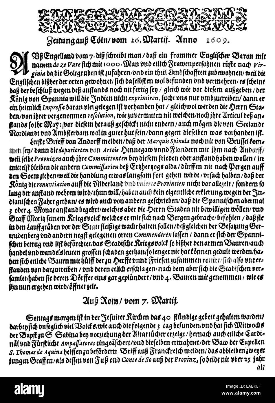 Historic print, 1609, page of the world's first newspaper, printed and ...