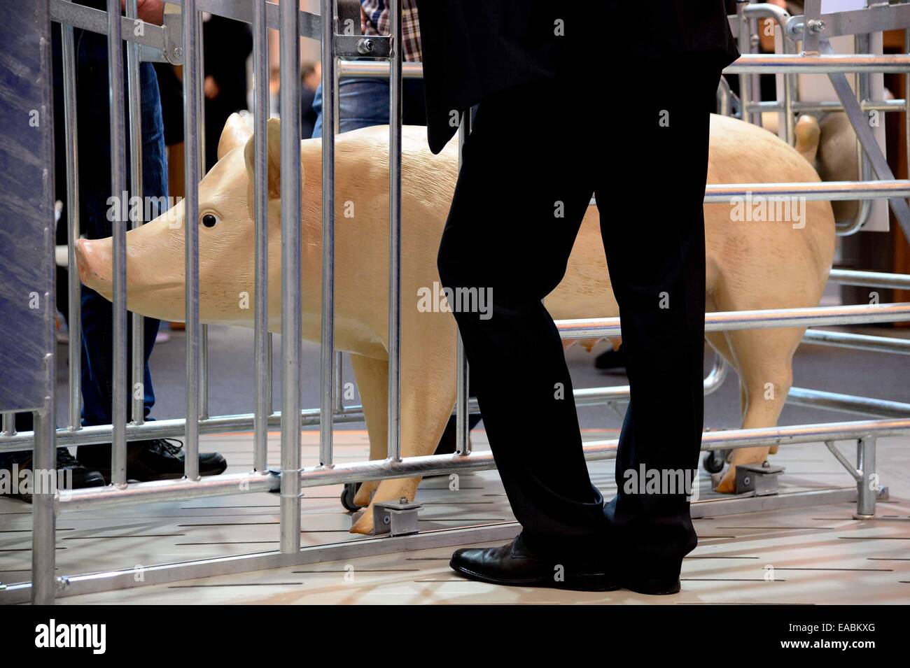 A plastic pig behind bars at the pet expo EuroTier in Hanover, Germany ...