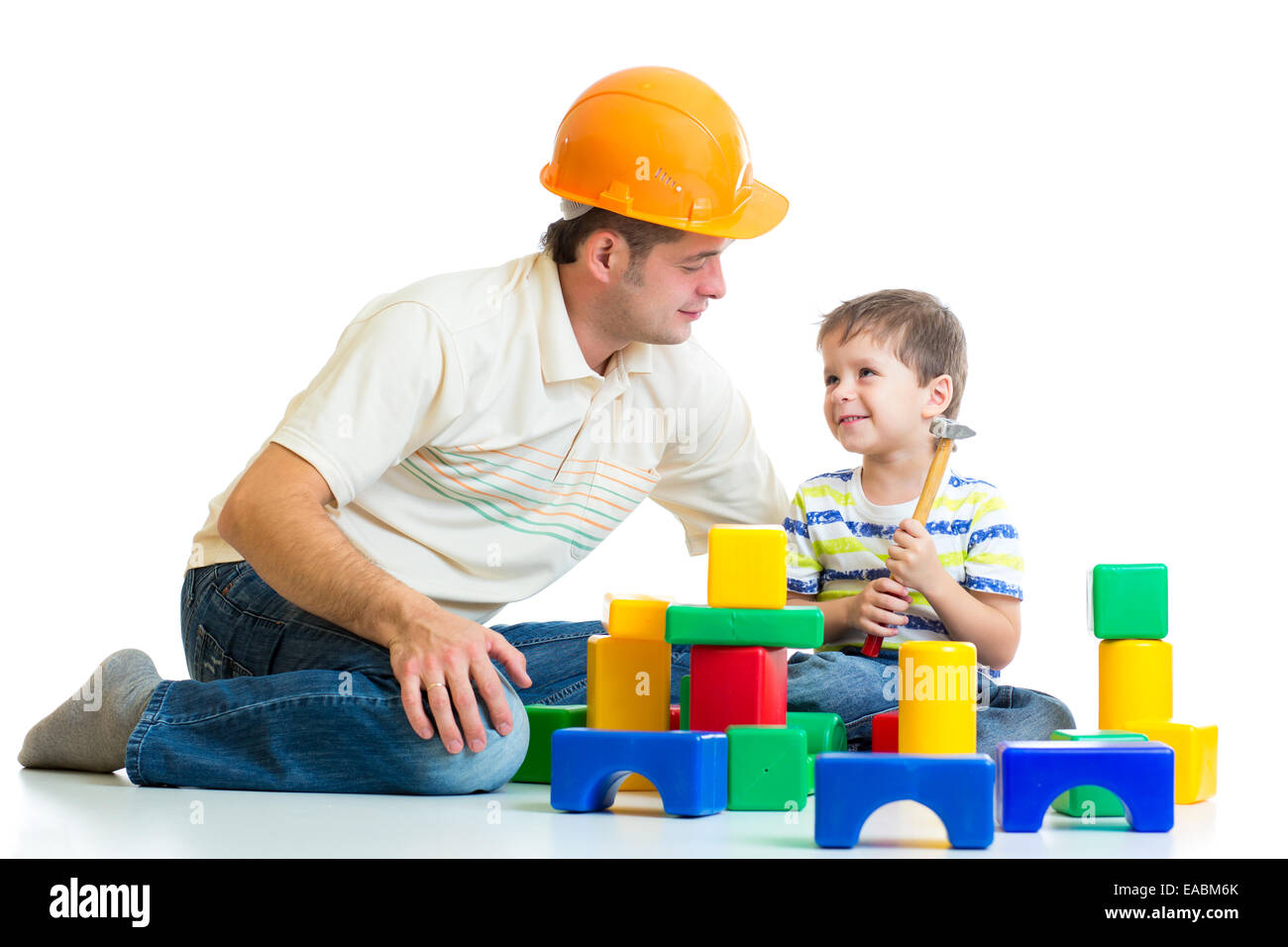 kid boy and dad play builders Stock Photo - Alamy