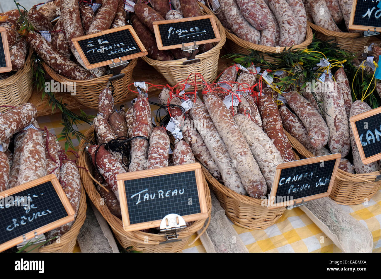 sausages on food market stall, rennes, brittany, france Stock Photo - Alamy