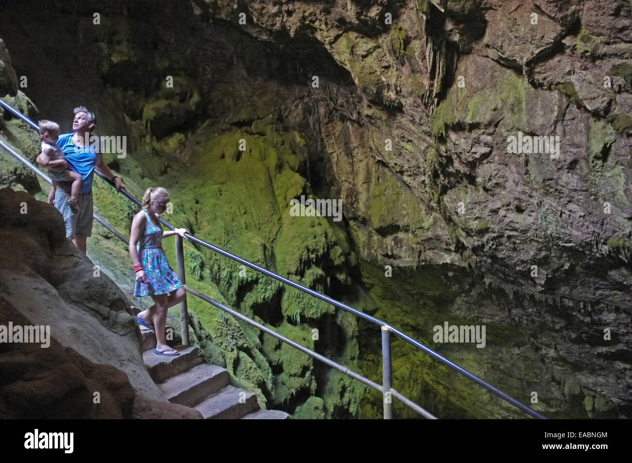 Tourists descend the steps into Psychro Cave in Crete a Minoan sacred ...