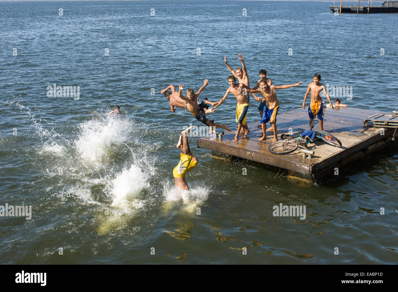 Santarem, Brazil. Boys playing in the river, diving from a wooden ...