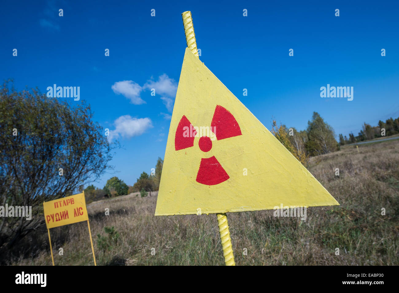 Radiation sign near Red Forest in Chernobyl Nuclear Power Plant Zone of ...