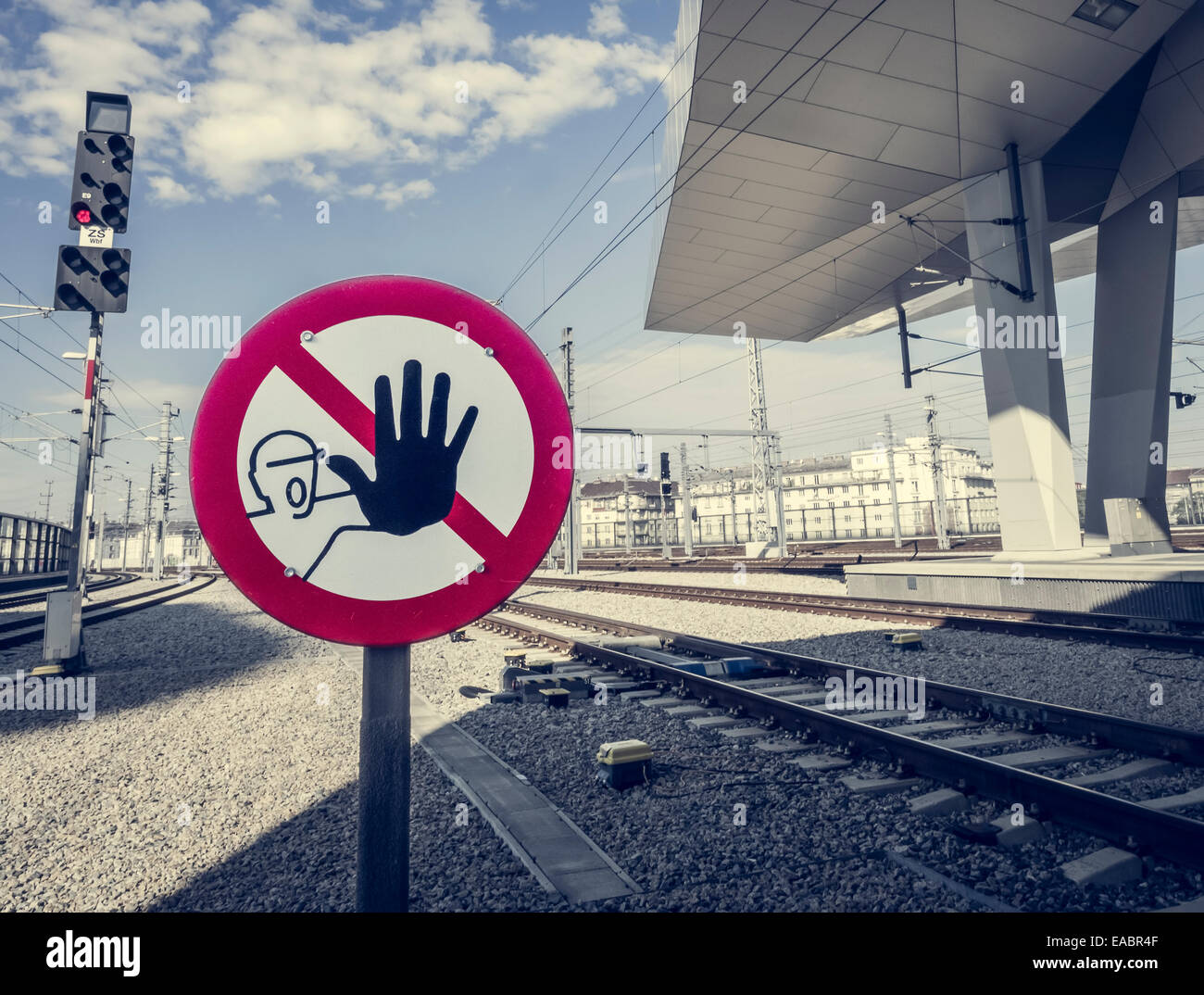 Austria Vienna view to stop sign at railway tracks at main station ...