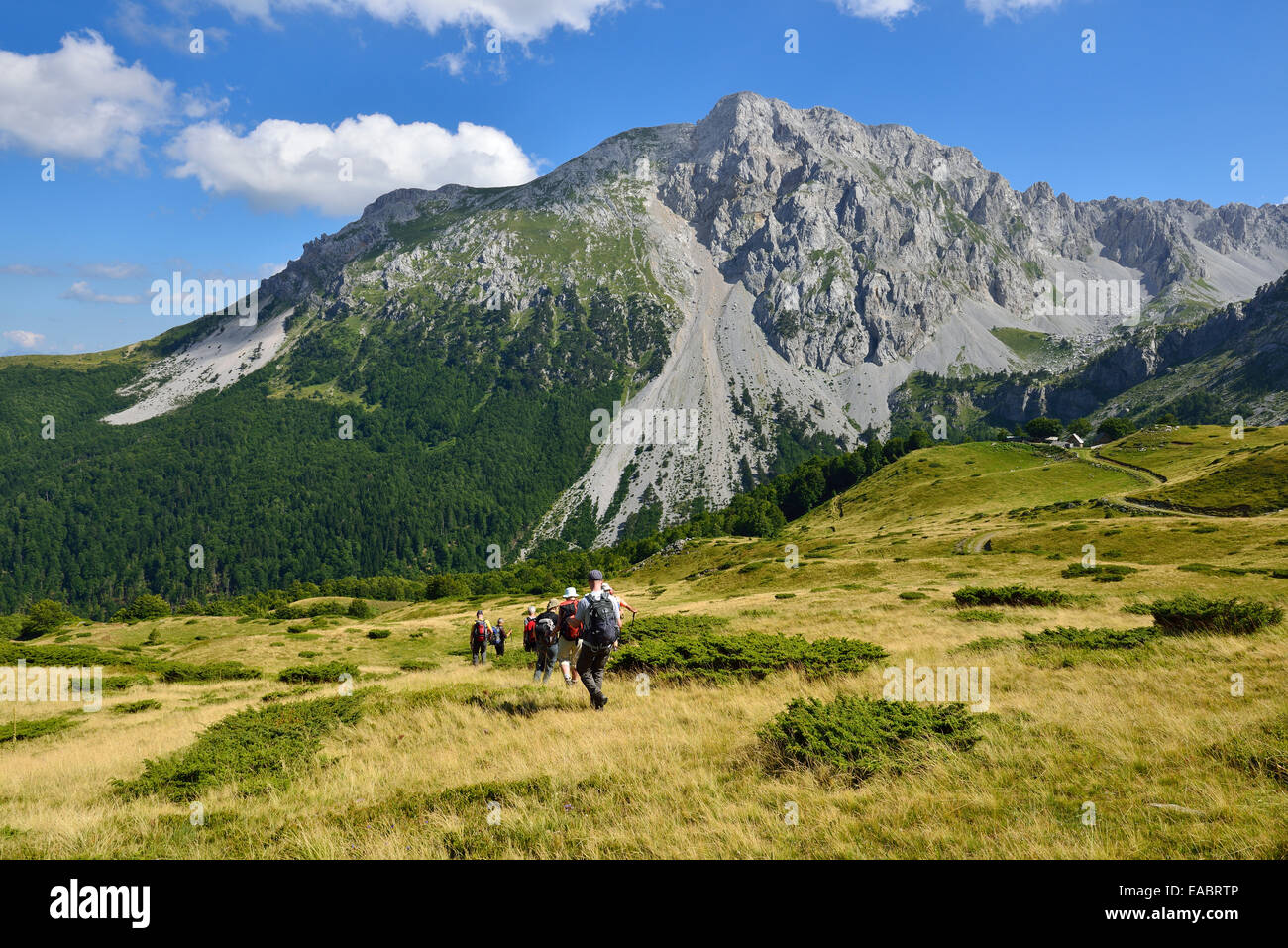 Montenegro Komovi Mountains group of hikers with Kom Vasojevicki peak ...