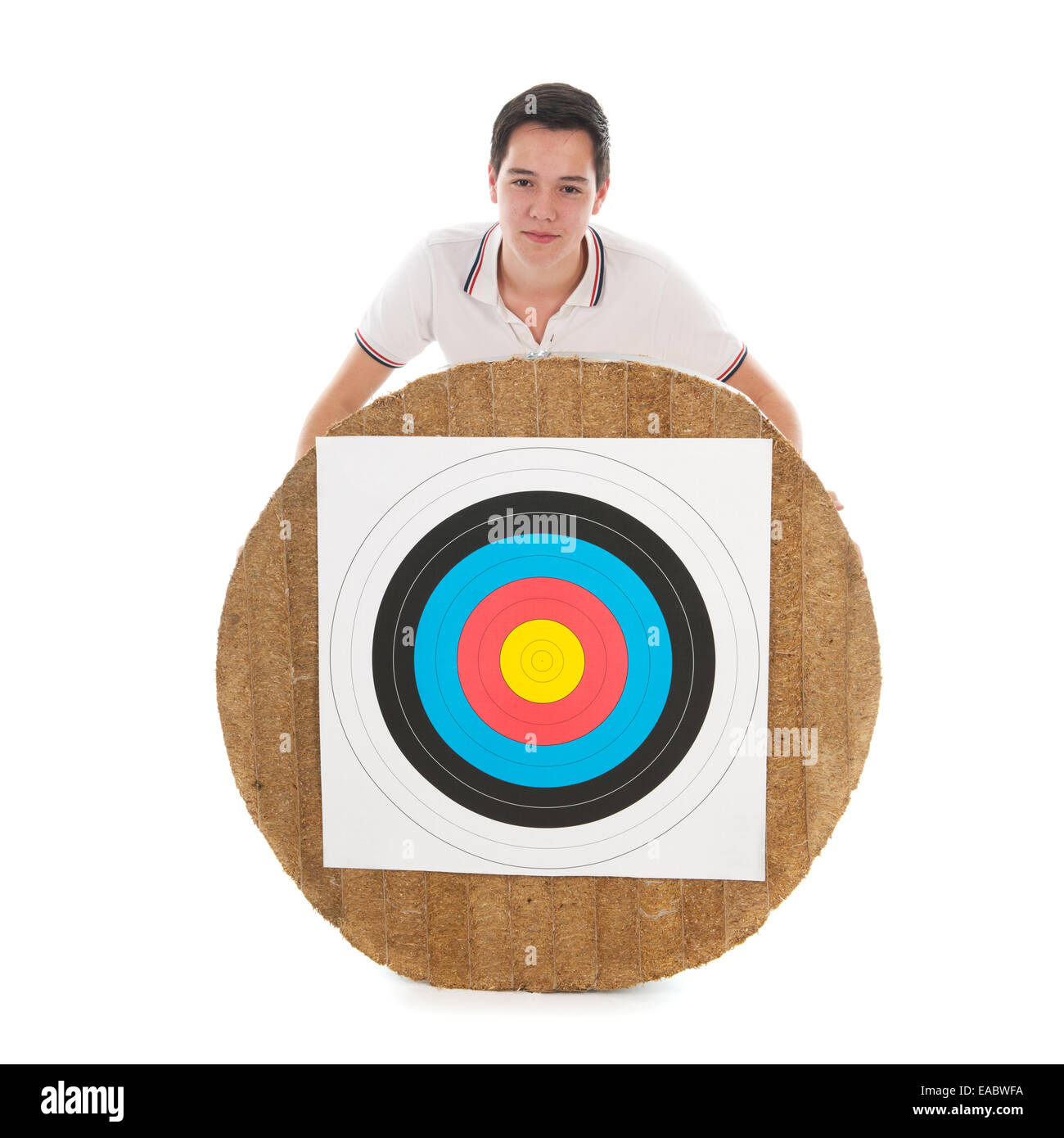 Adult man behind archery target isolated over white background Stock ...