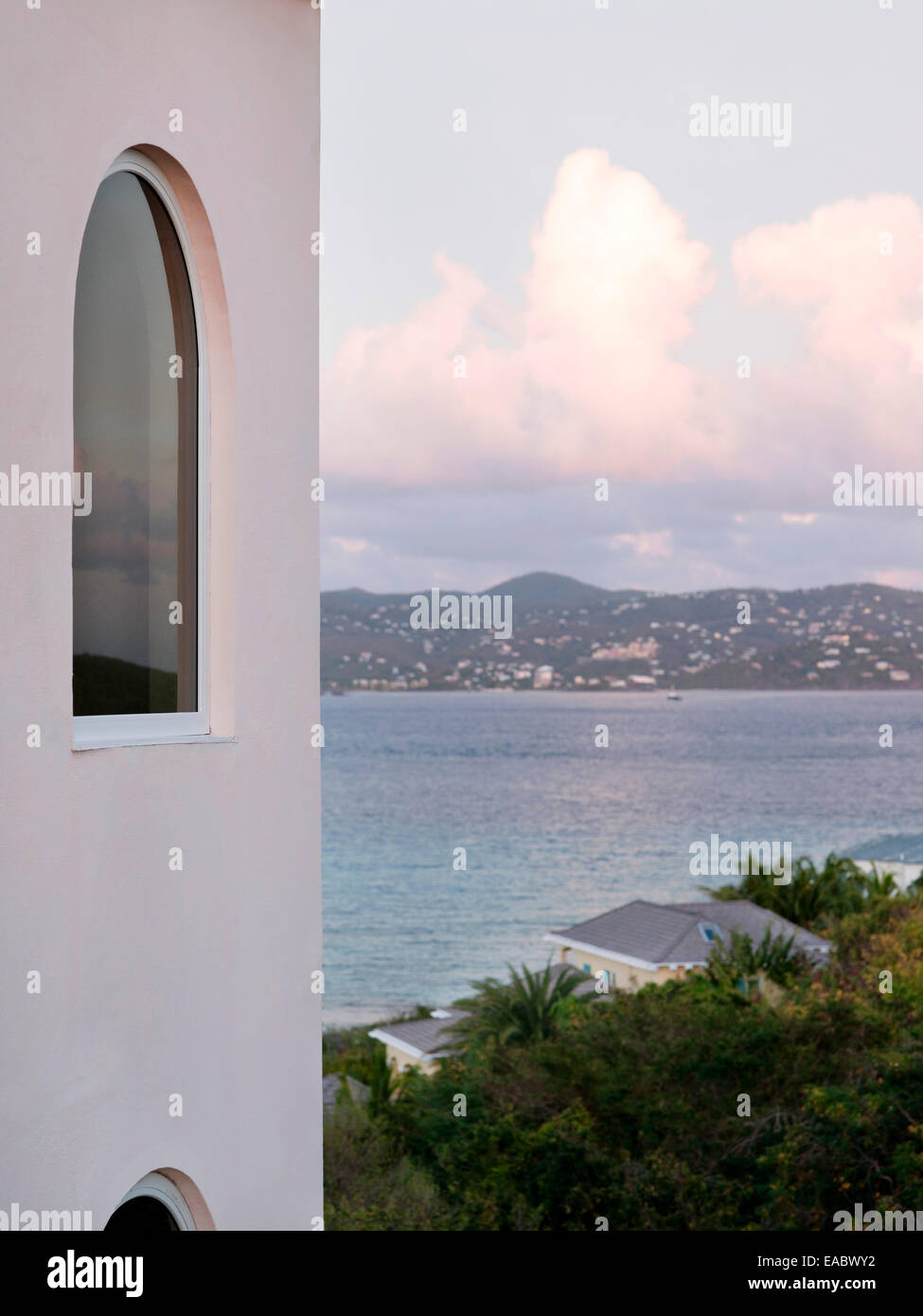 Caribbean bay in St. Thomas with catamaran sailing boat ocean sea ...