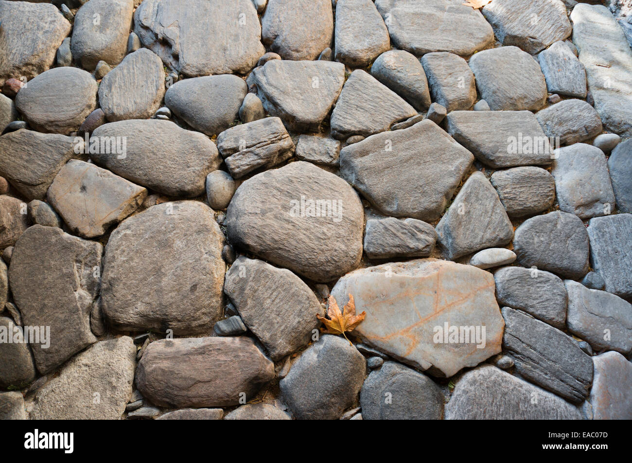 Naturally shaped river stones put together as flooring forming a ...