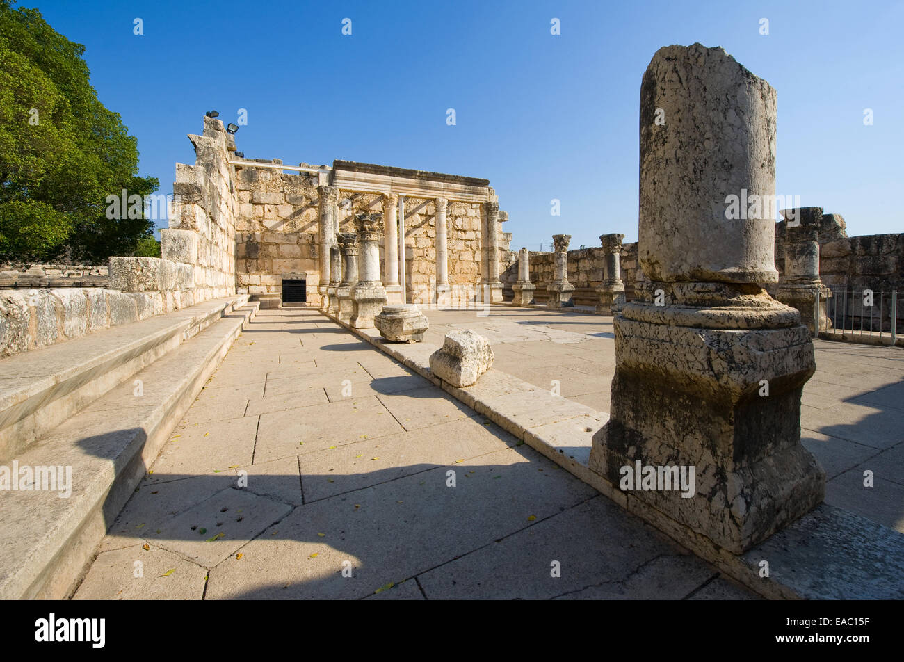 The ruins of the synagogue in the small town Capernaum on the coast of ...