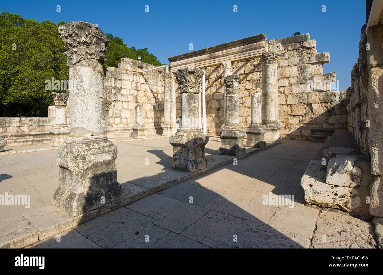 The ruins of the synagogue in the small town Capernaum on the coast of ...