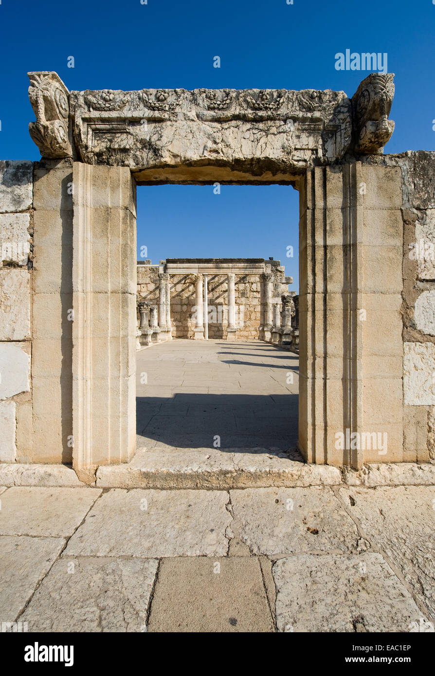 Entrance to the synagogue in the small town Capernaum on the coast of ...