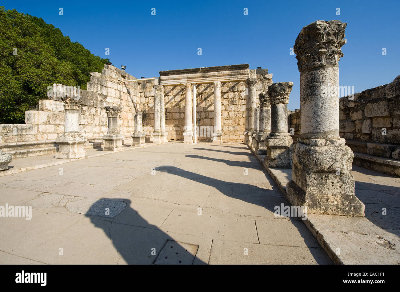 The ruins of the synagogue in the small town Capernaum on the coast of ...