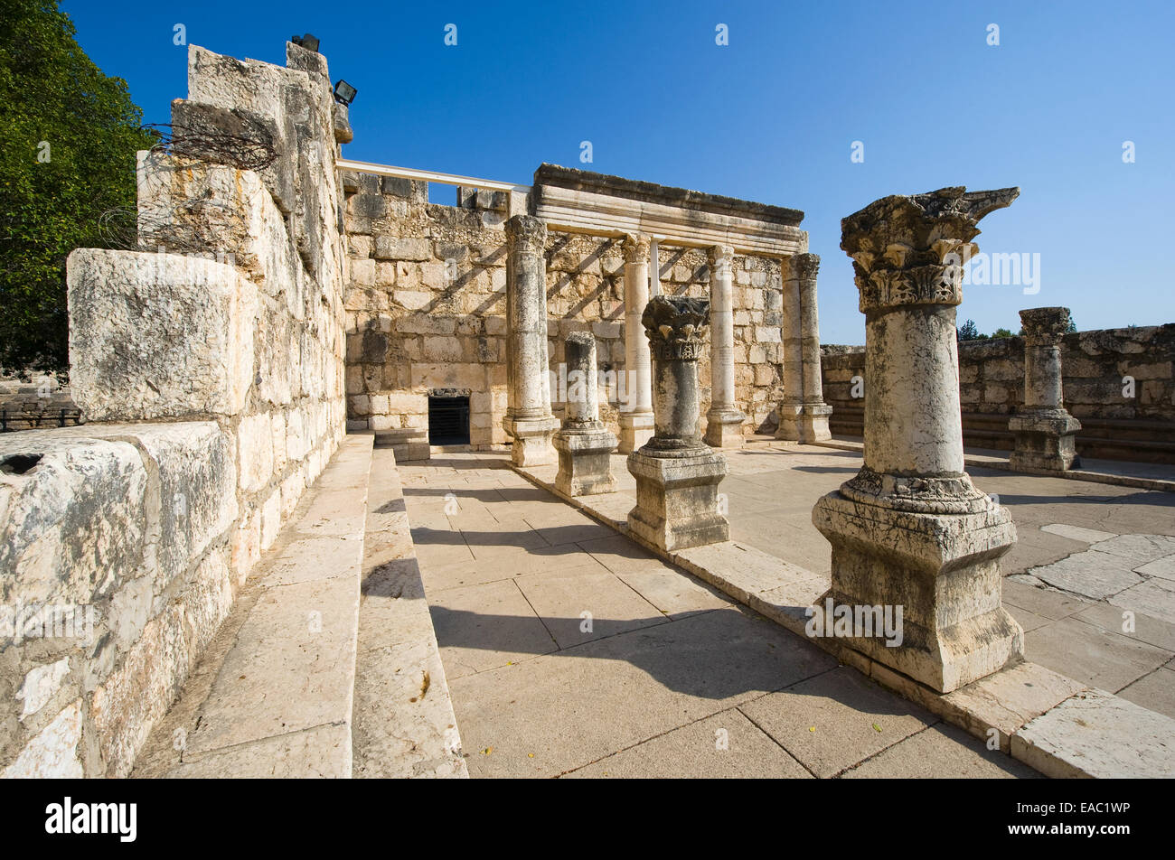 The ruins of the synagogue in the small town Capernaum on the coast of ...