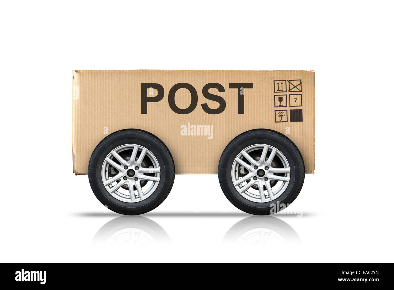 Cardboard box with standard signs and post label on automotive wheels ...
