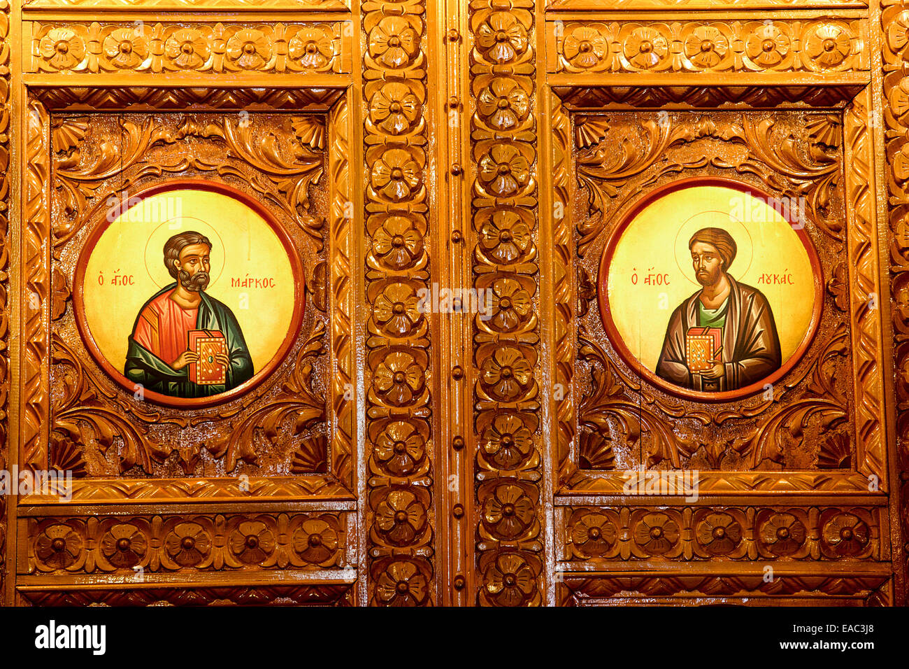 Internal view of religious artifacts set within Greek Church in Parga ...