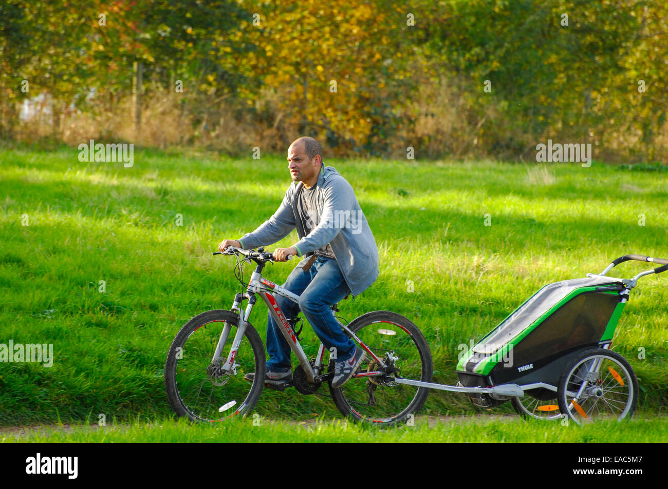 Man cycling pulling child buggy Stock Photo - Alamy