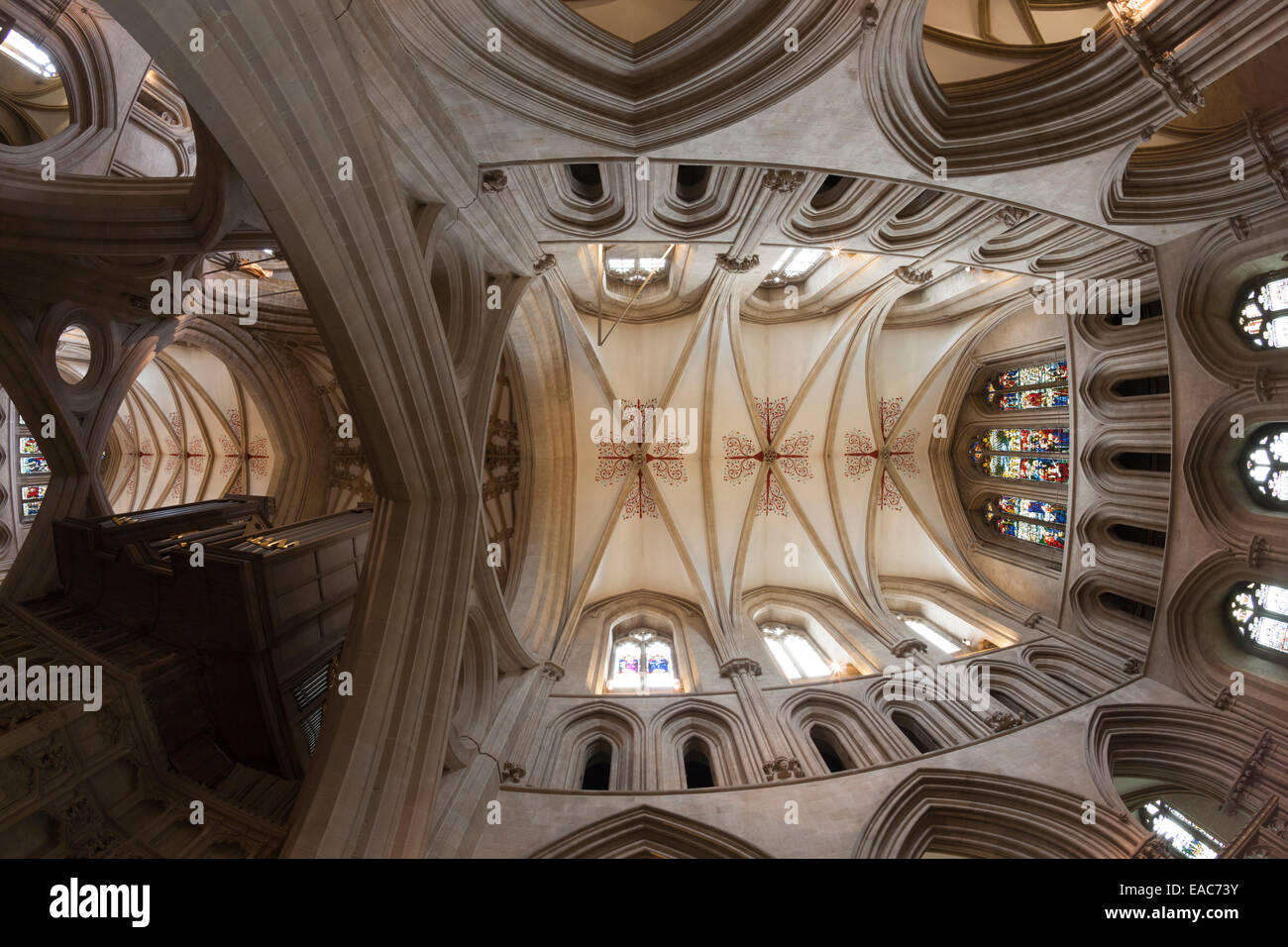 The interior of Wells Cathedral, underneath the famous and scissor arch ...