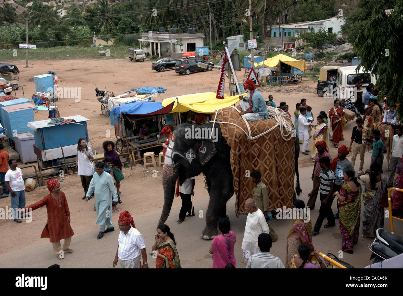 Jain religious procession / parade through street of Hampi, Karnataka ...