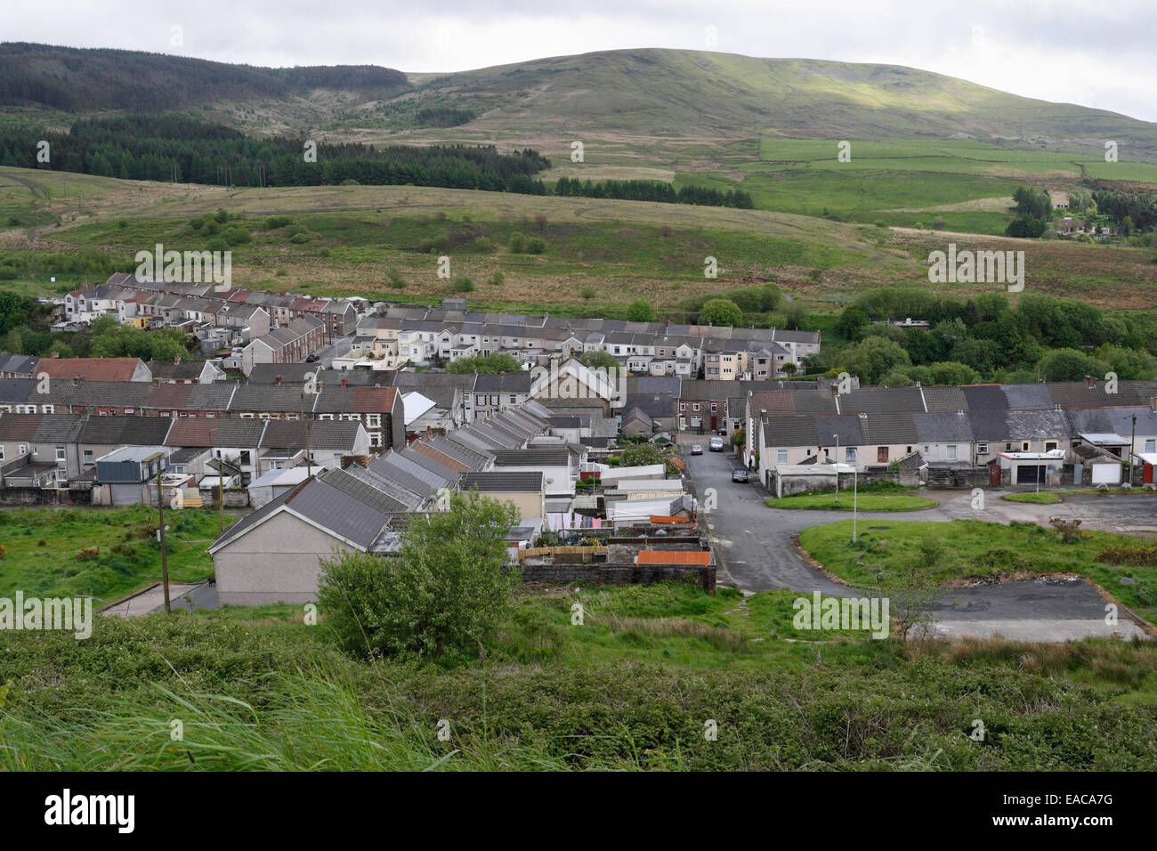 The village of Caerau Wales, rows of terraced housing in the hillside ...