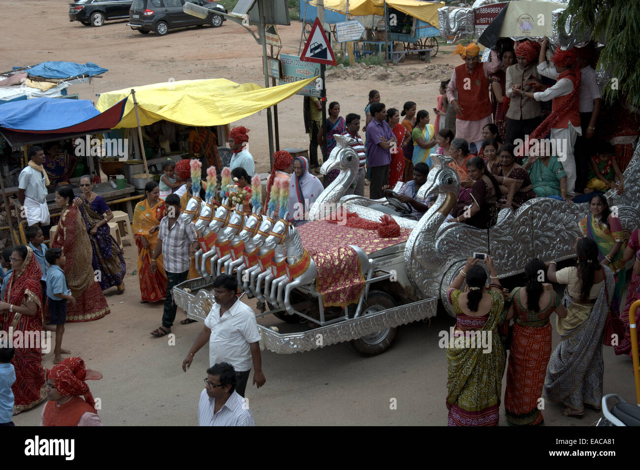 Jain religious procession / parade through street of Hampi, Karnataka ...