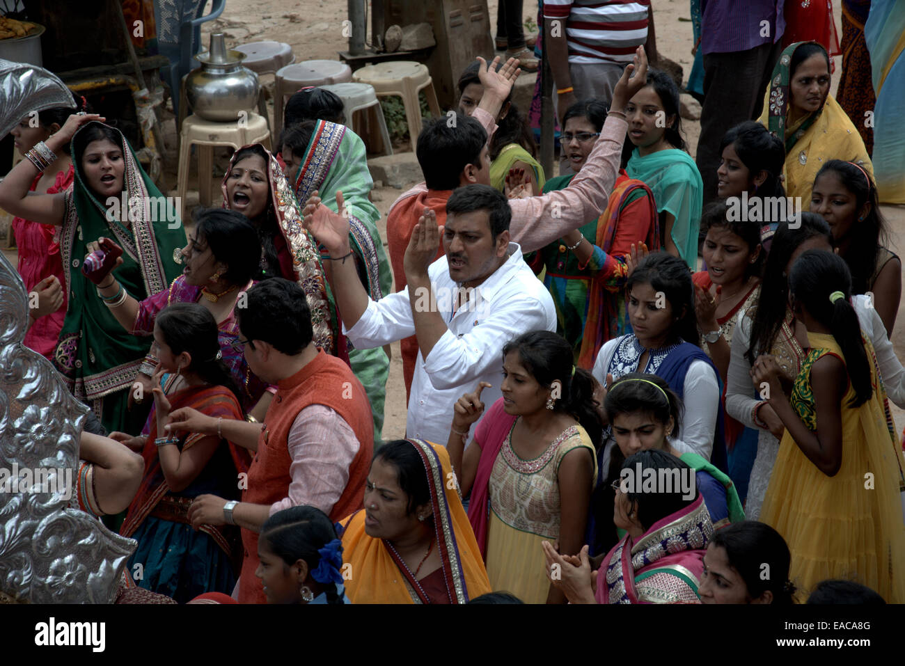 Jain religious procession / parade through street of Hampi, Karnataka ...