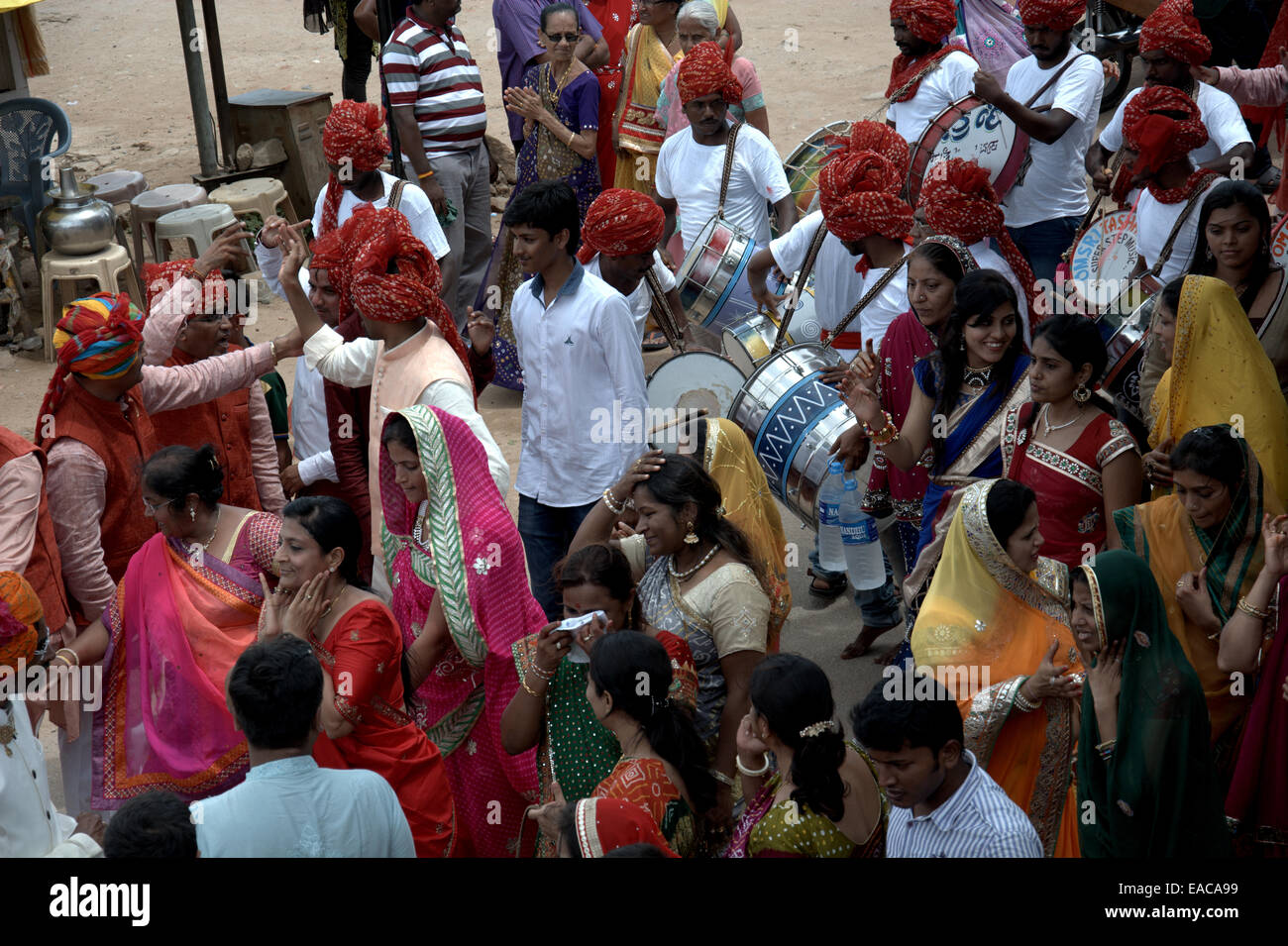 Jain religious procession / parade through street of Hampi, Karnataka ...