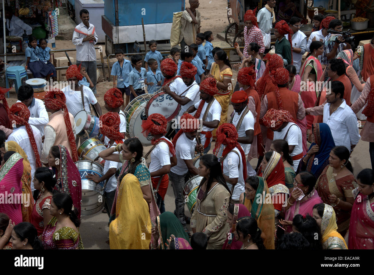 Jain religious procession / parade through street of Hampi, Karnataka ...