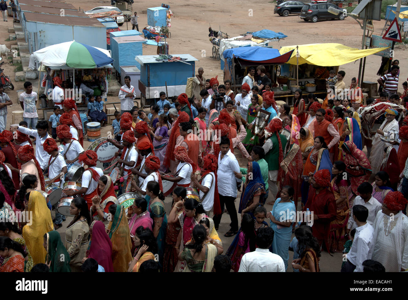 Jain religious procession / parade through street of Hampi, Karnataka ...