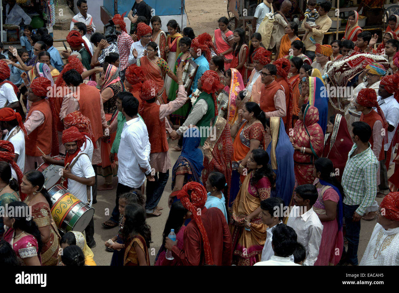 Jain religious procession / parade through street of Hampi, Karnataka ...