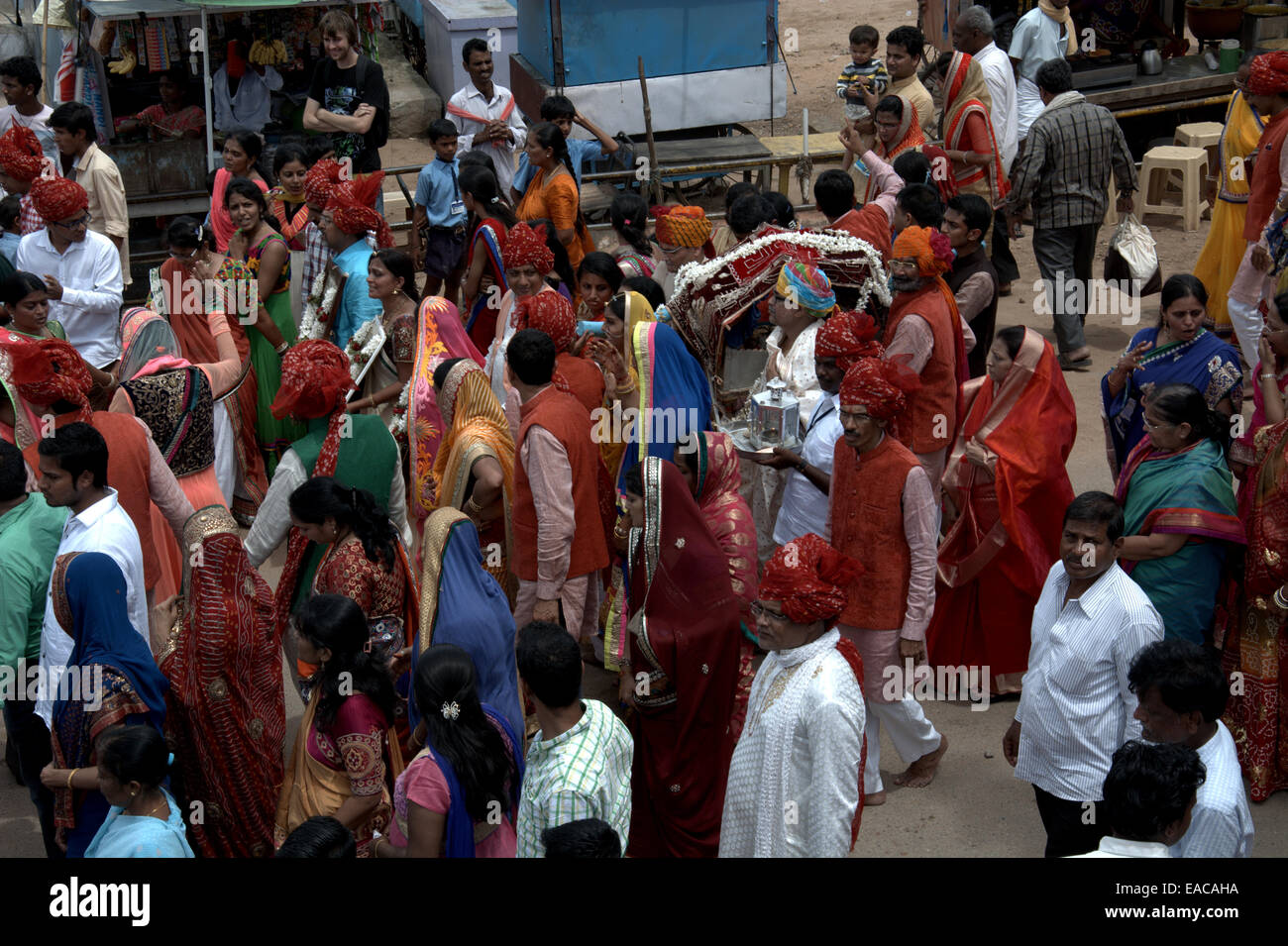 Jain religious procession / parade through street of Hampi, Karnataka ...