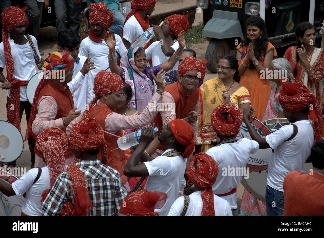 Jain religious procession / parade through street of Hampi, Karnataka ...
