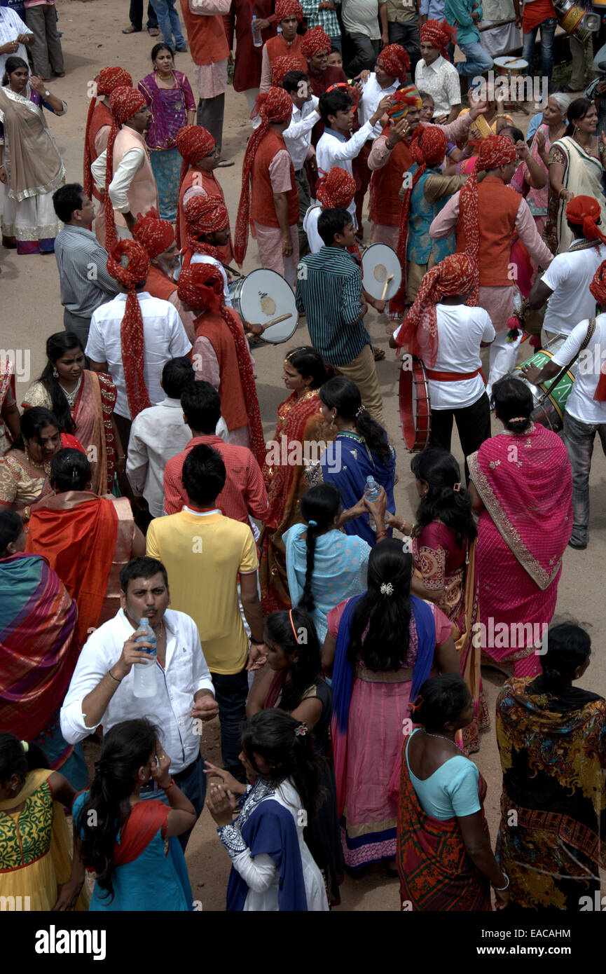 Jain religious procession / parade through street of Hampi, Karnataka ...