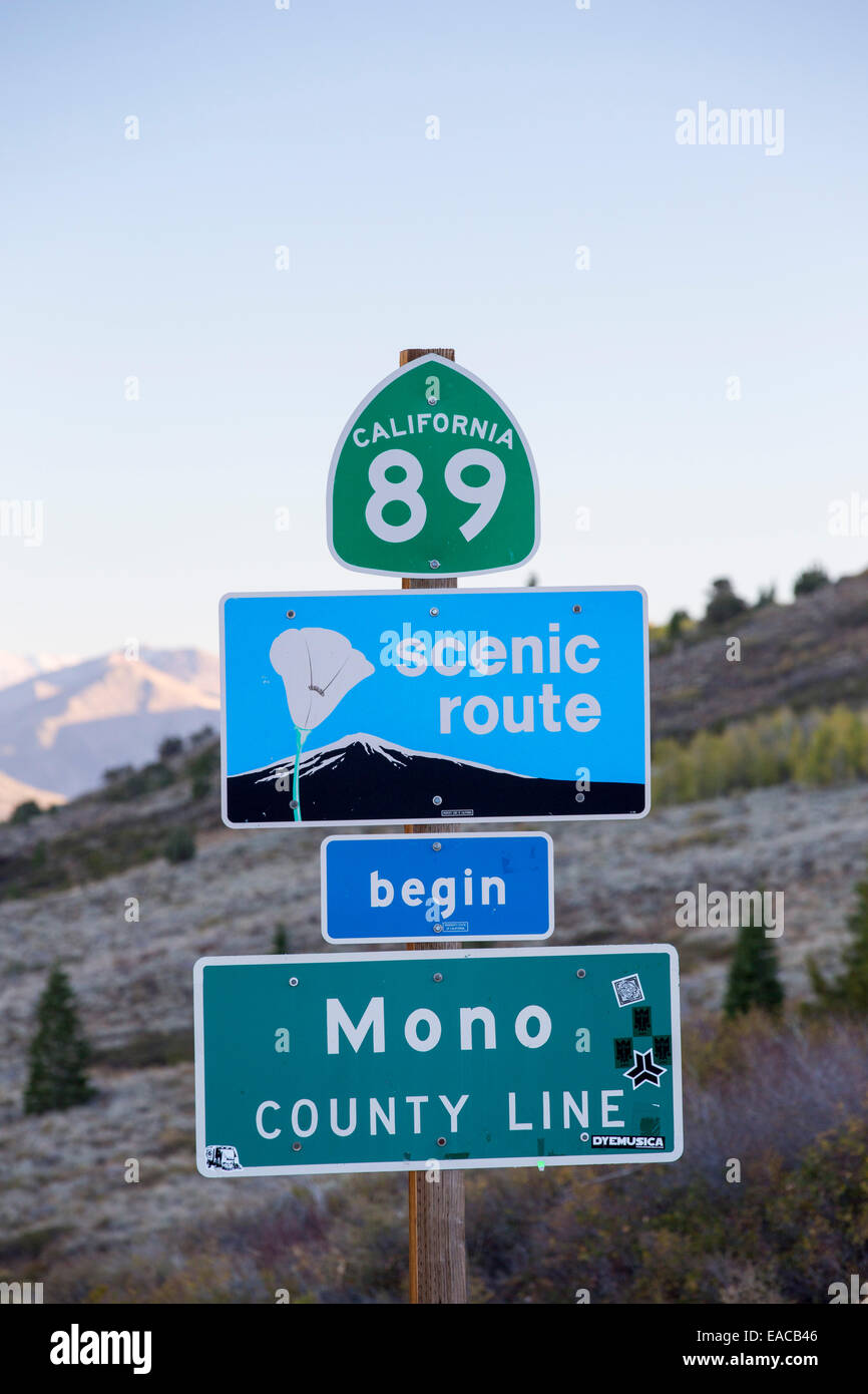 The Mono County line on route 89 above the Antelope Valley, California ...