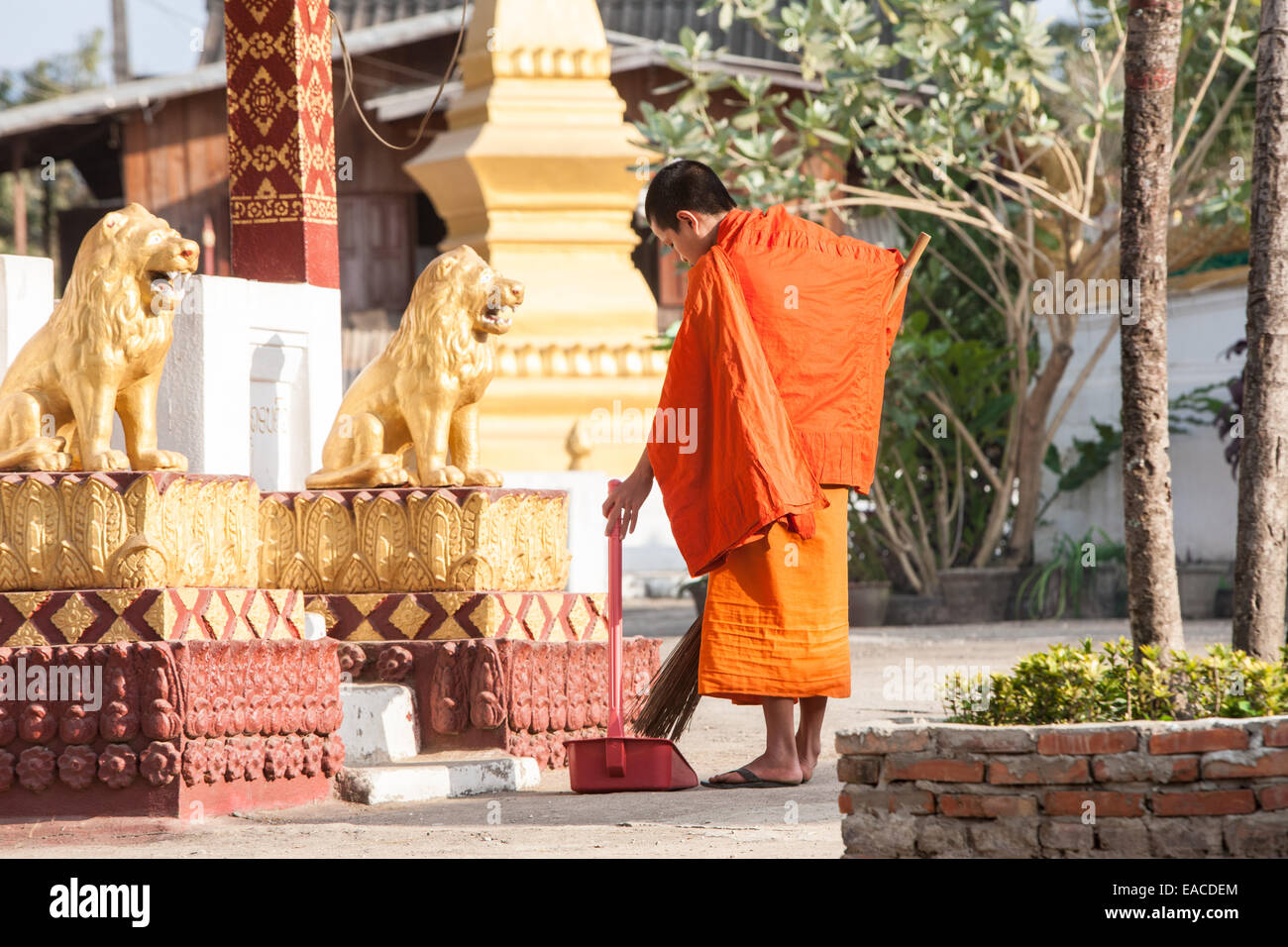 Buddhist monk cleaning temple at Ban Xang Khong village near Luang ...