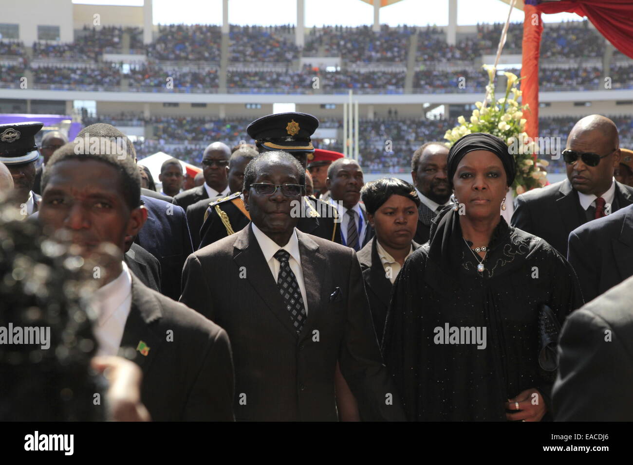 Lusaka, Zambia. 11th Nov, 2014. Zimbabwean President Robert Mugabe (C ...