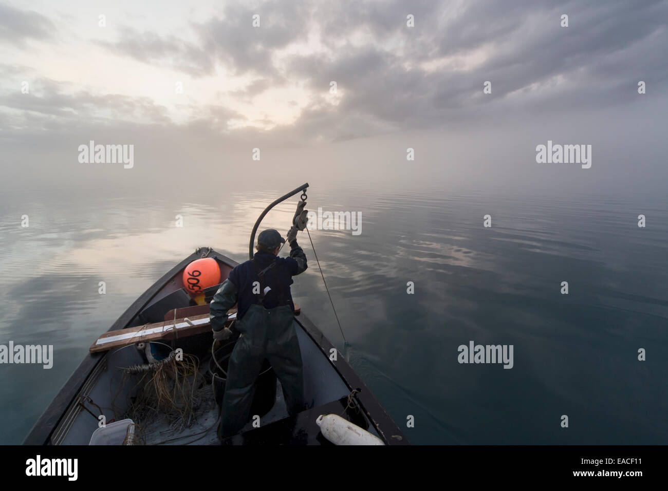 Commercial halibut fishing by hand using longline gear out of an open ...