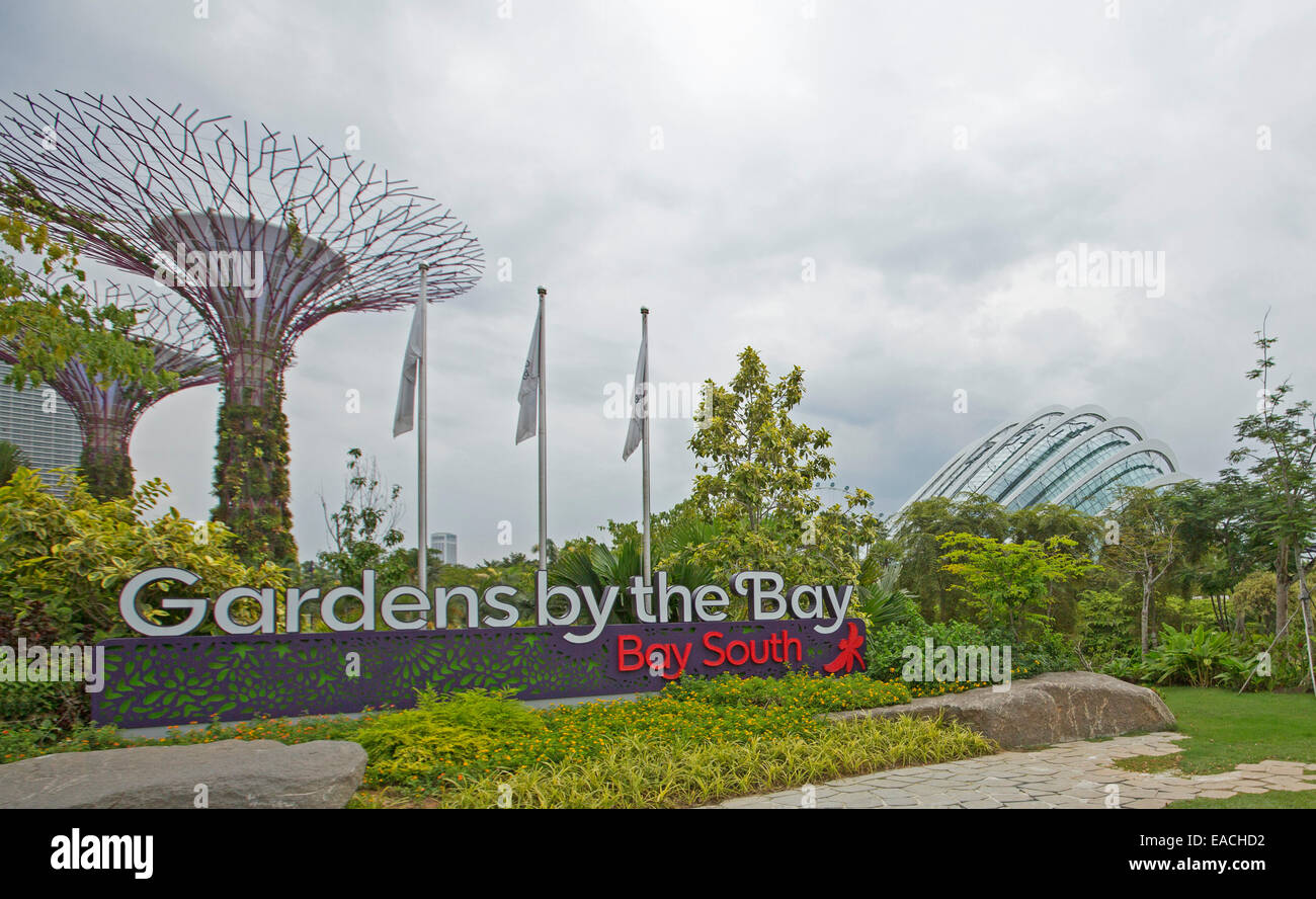 Massive sign "Gardens By The Bay", dense vegetation, glass dome, unique ...