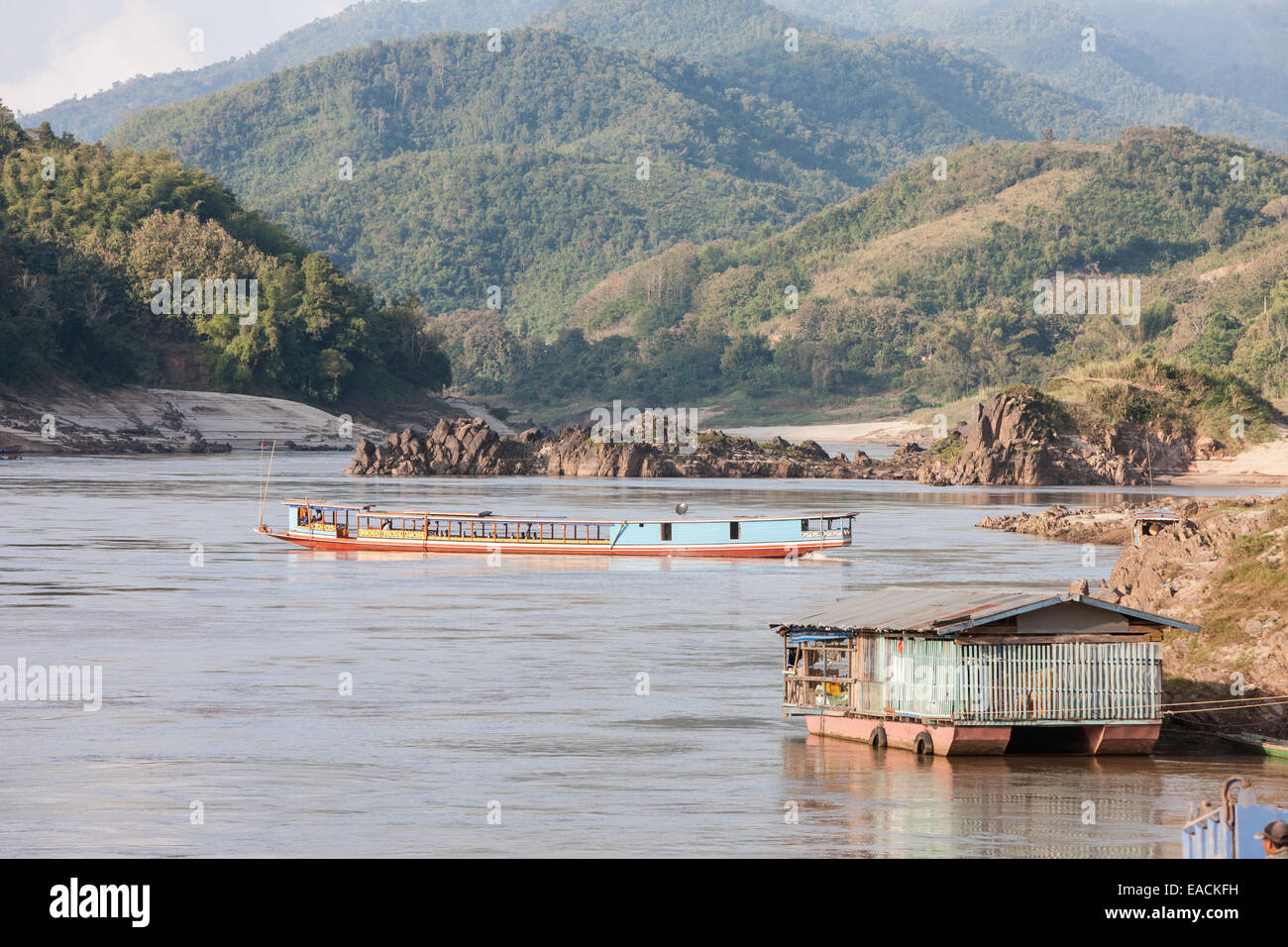 on a two day cruise on a slow ferry boat along Mekong River,Laos,South ...