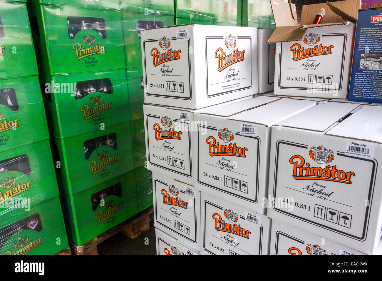 Czech beer Primator in crates, brewery Nachod, Czech Republic Stock ...