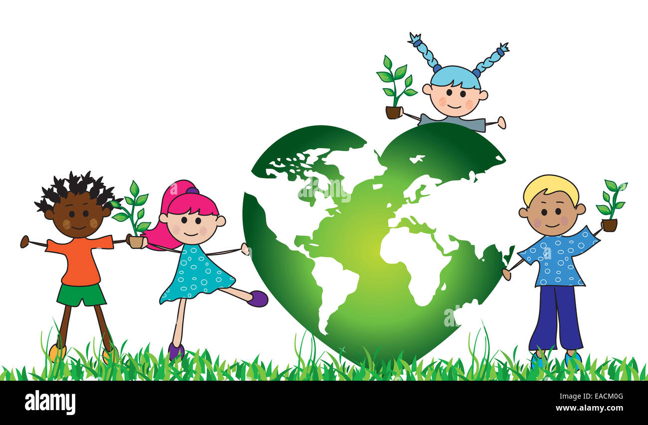 illustration of green world with children and plants Stock Photo - Alamy