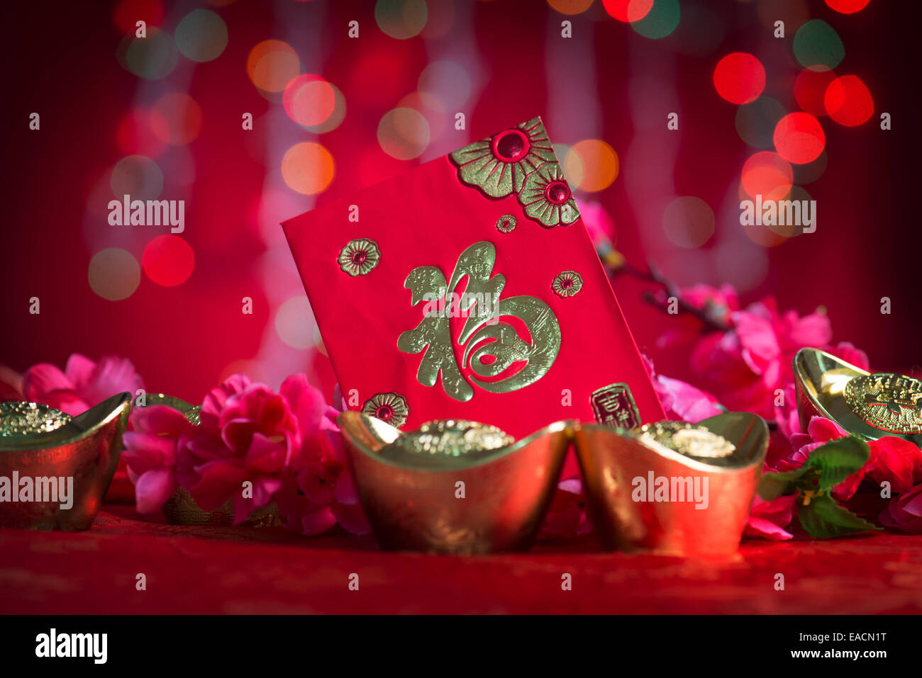 Chinese new year festival decorations, ang pow or red packet and gold ...
