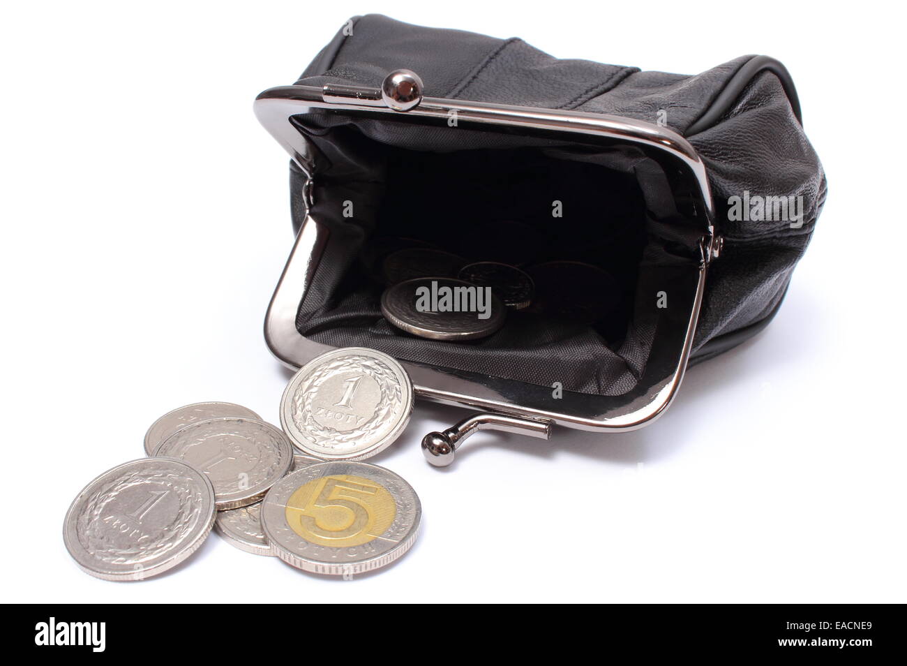 Closeup of coins, coins in black leather pocket purse. Isolated on ...