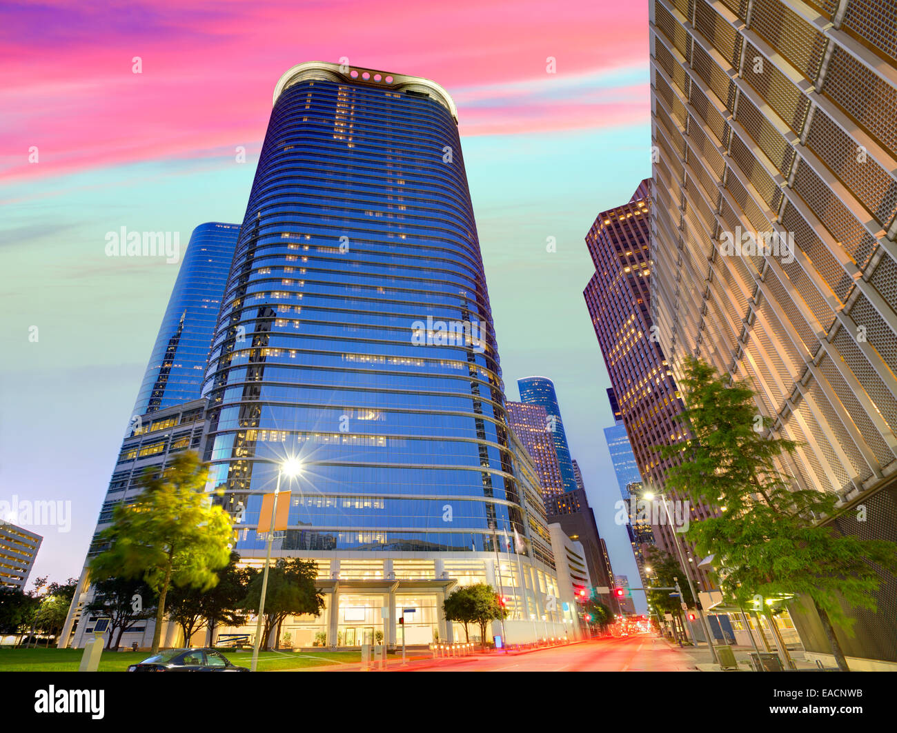 Houston Downtown skyline sunset modern skyscrapers at Texas US USA ...