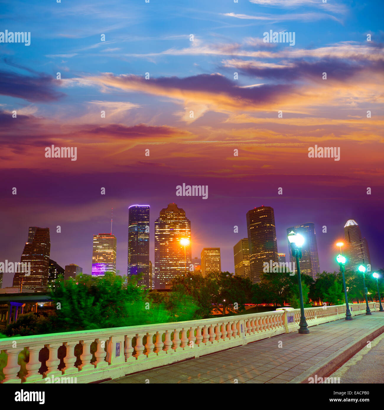 Houston skyline at sunset from Sabine St bridge Texas USA US America ...