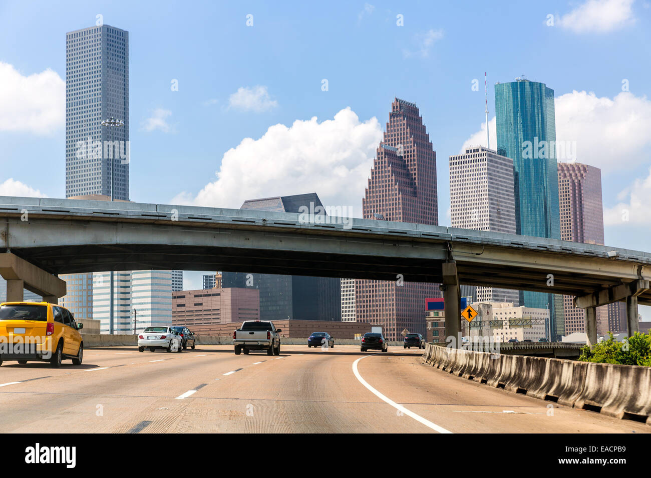 Houston skyline from Gulf Freeway I 45 interestate traffic at Texas US ...