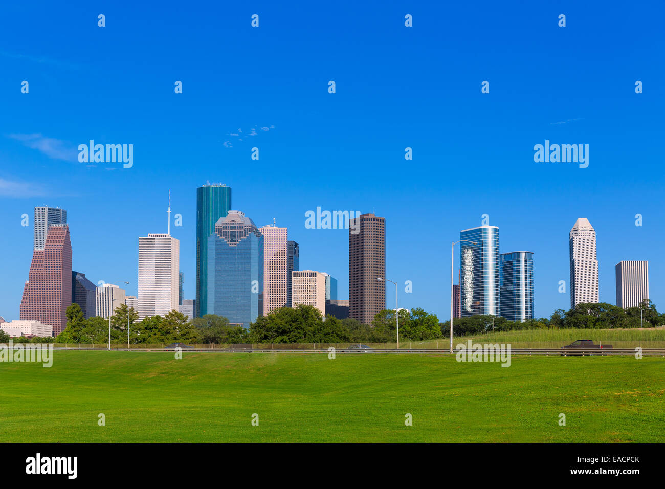 Houston skyline blue sky and Memorial park turf at Texas USA US Stock ...