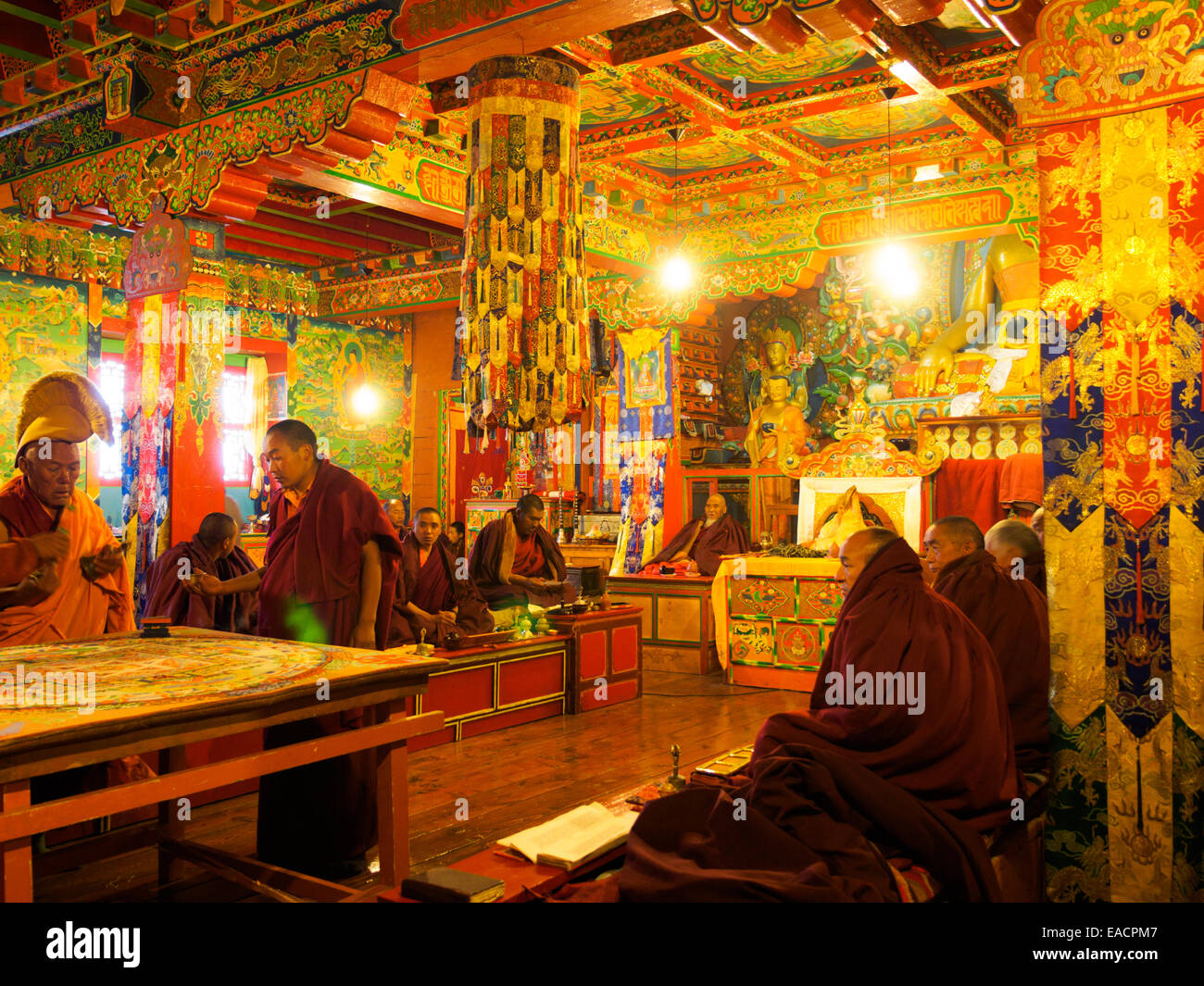 Buddhist monks worshipping at Tengboche Monastery, Nepal Stock Photo ...