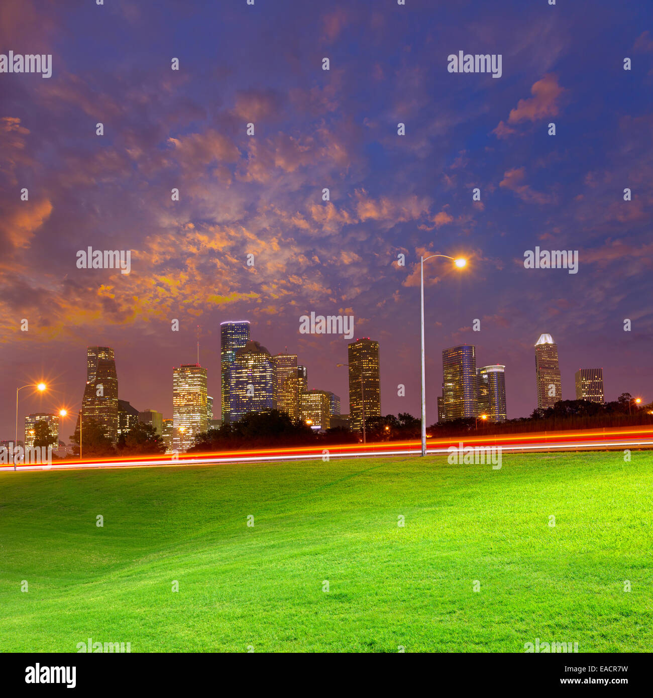 Houston sunset skyline from Memorial park at Texas US Stock Photo - Alamy