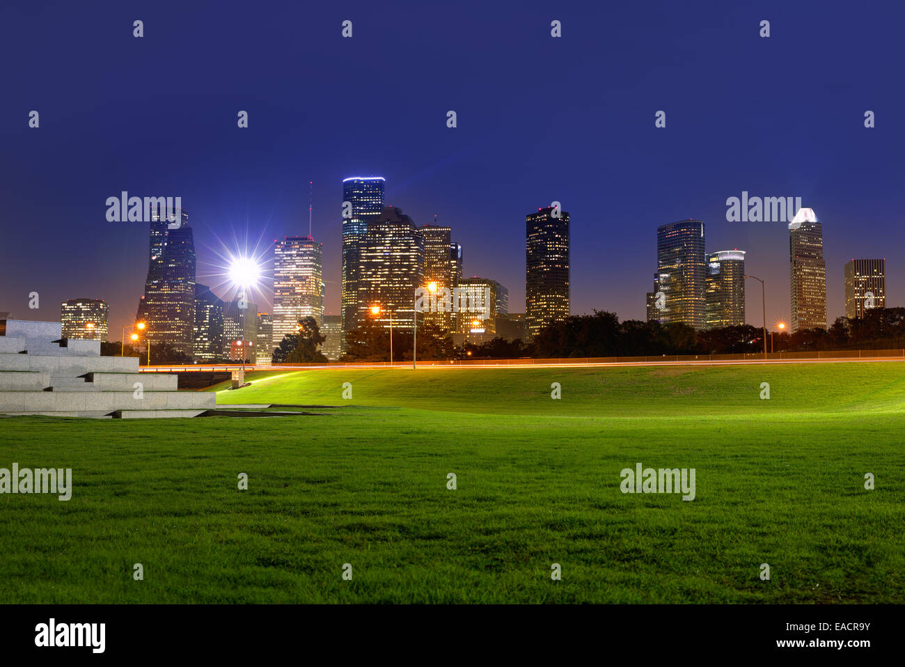 Houston sunset skyline from Memorial park at Texas US Stock Photo - Alamy