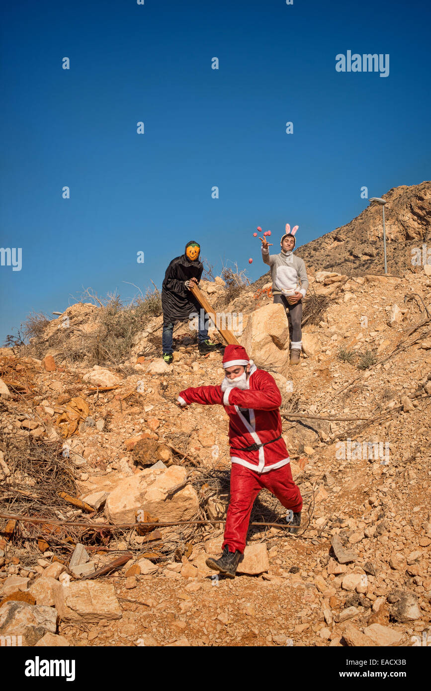 Santa in trouble, being threatened by the Easter Bunny and a Halloween ...